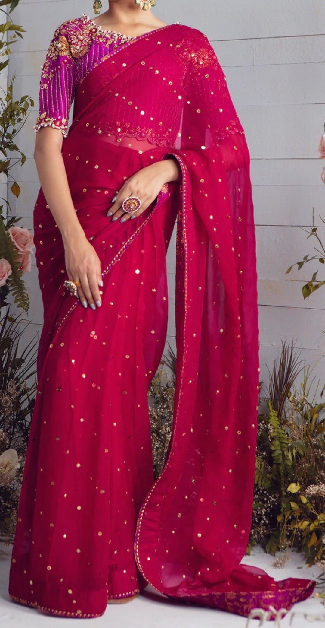 Pink Tulip Pakistani Indian Designer Wear Red Saree - PR 1029 - Etsy