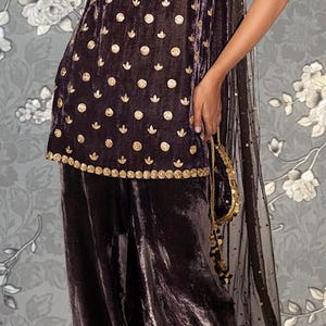 Purple Velvet Embroidered Salwar Kameez With Dupatta & Pouch - Elegant ...