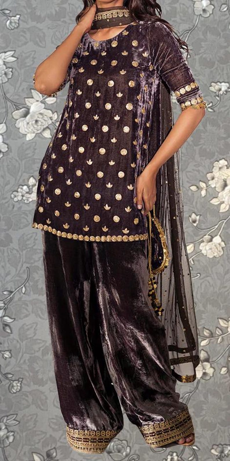 Purple Velvet Embroidered Salwar Kameez With Dupatta & Pouch - Elegant ...