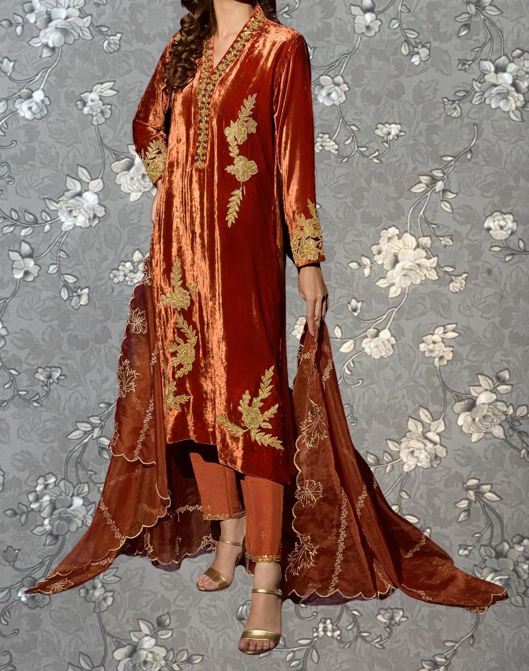 Velvet Rust Embroidered Pakistani Formal Dress With Dupatta | Luxury ...