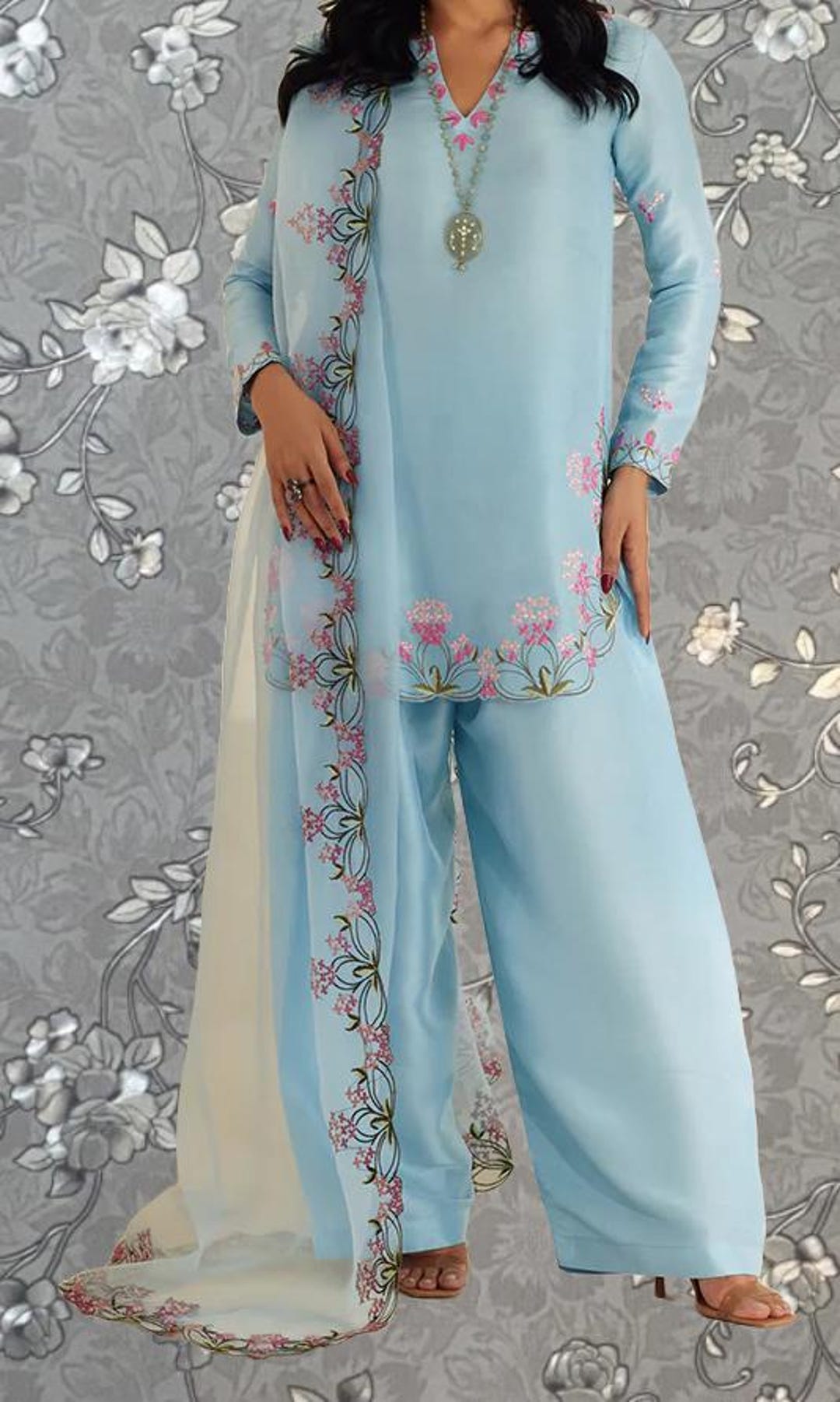 Blue Embroidered Salwar Kameez With Floral Detailing | Elegant ...
