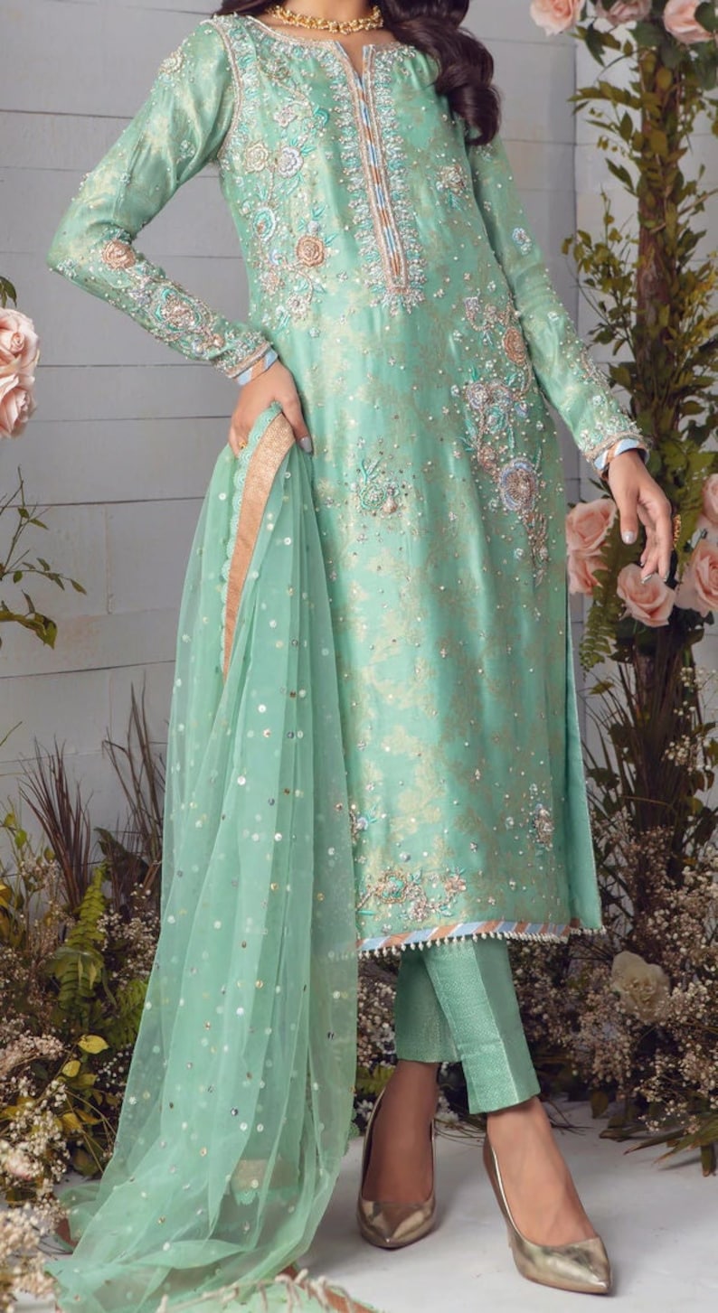 Pink Tulip Pakistani Indian Designer Wear Turquoise Shalwar Kameez - PR ...