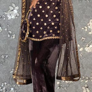 Purple Velvet Embroidered Salwar Kameez With Dupatta & Pouch - Elegant ...
