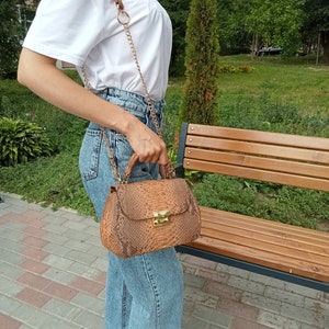 Women Exotic Bag, Python Skin Bag, Small Brown Handbag, Python Leather Crossbody Bag, Leather ...
