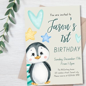Editable PENGUIN BIRTHDAY Template Party Invitation, Birthday Dinner ...