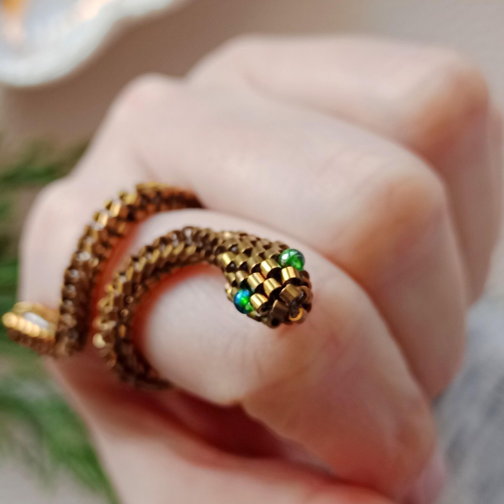 Beaded Snake Ring. Golden Lizard Dragon Handmade Jewelry. One Size Fits ...