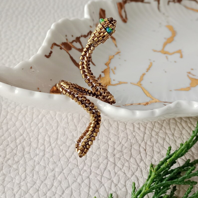 Beaded Snake Ring. Golden Lizard Dragon Handmade Jewelry. One Size Fits ...