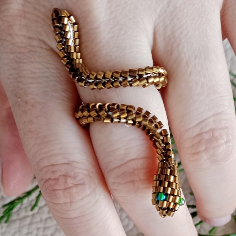 Beaded Snake Ring. Golden Lizard Dragon Handmade Jewelry. One Size Fits ...