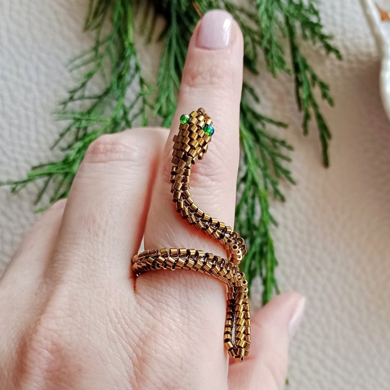 Beaded Snake Ring. Golden Lizard Dragon Handmade Jewelry. One Size Fits ...