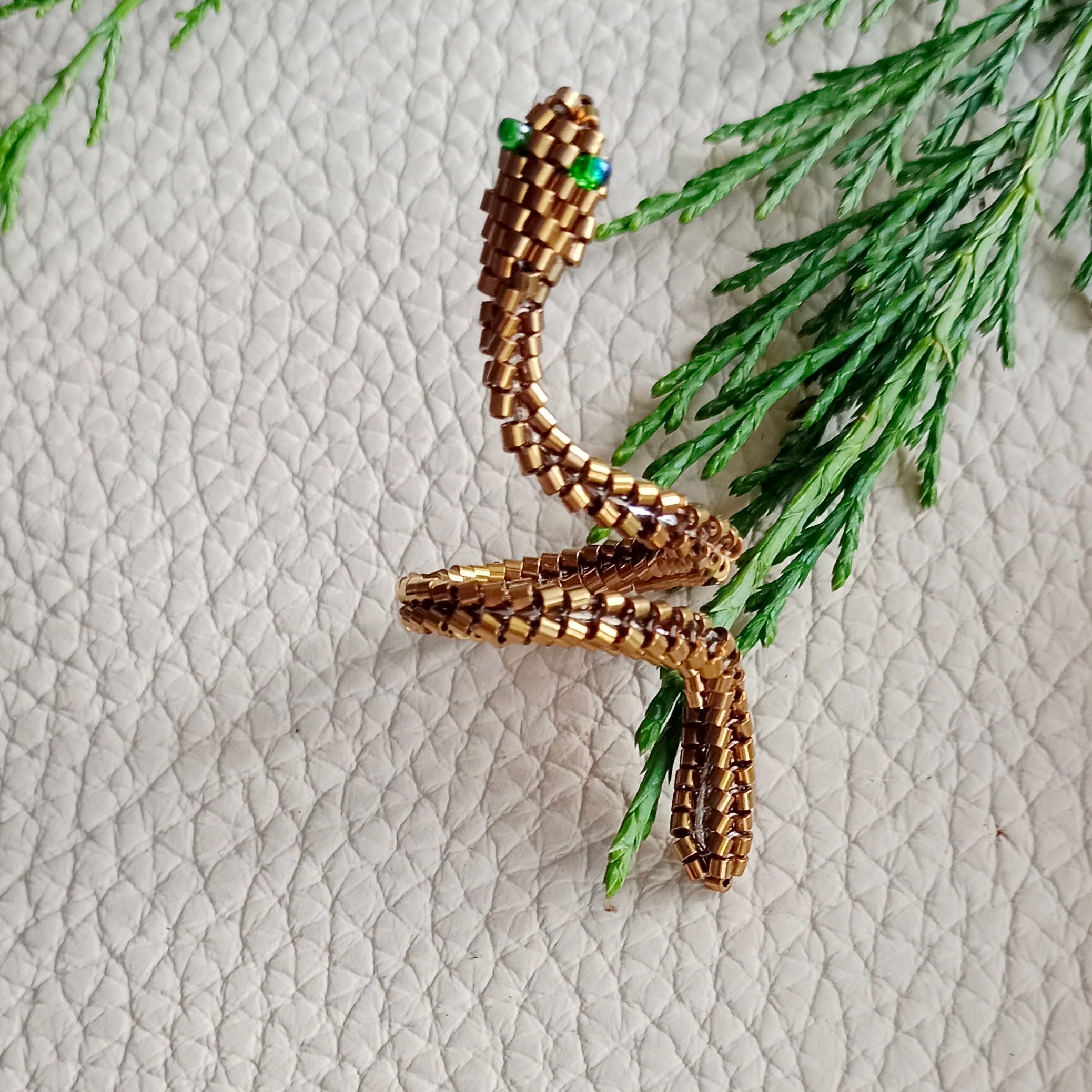 Beaded Snake Ring. Golden Lizard Dragon Handmade Jewelry. One Size Fits ...