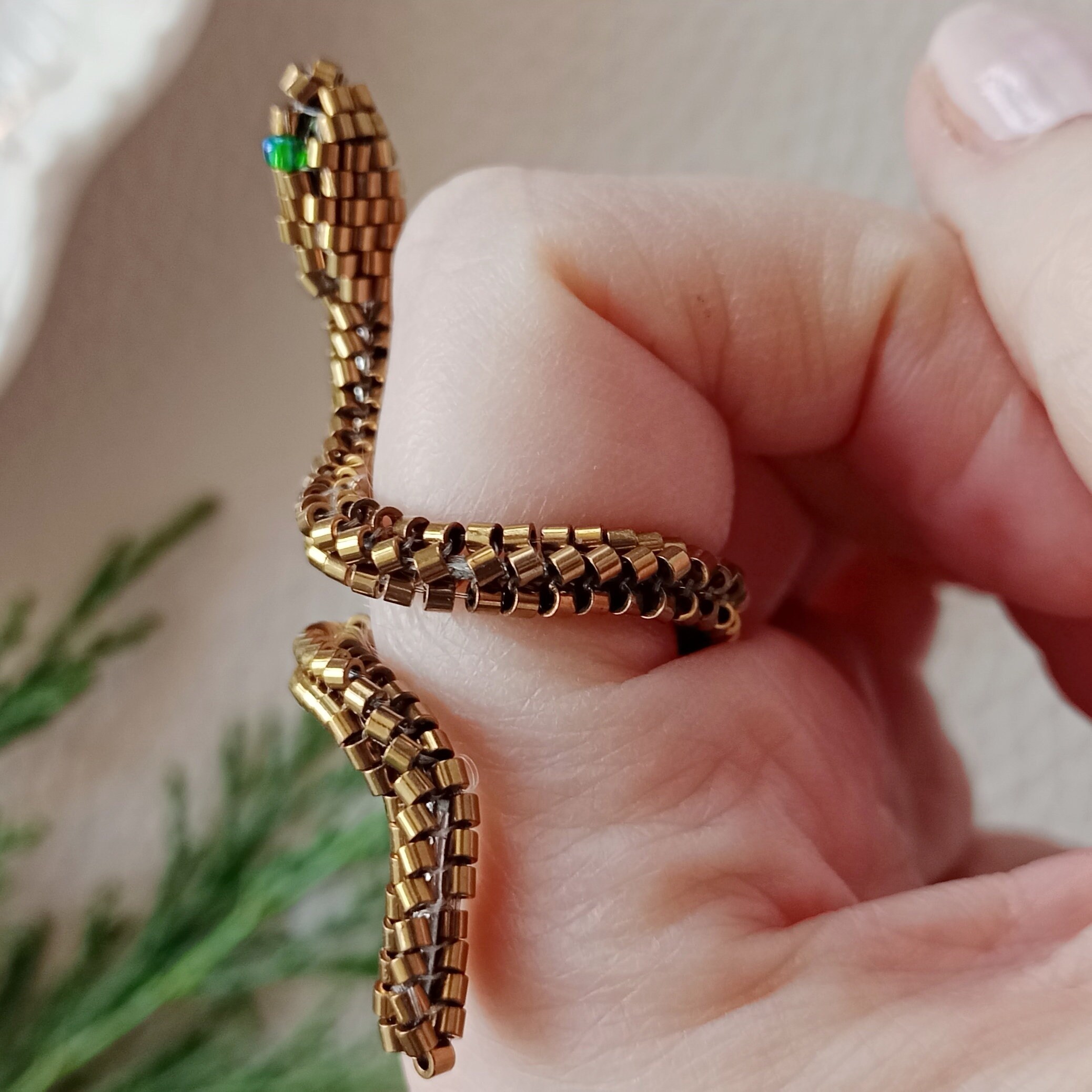 Beaded Snake Ring. Golden Lizard Dragon Handmade Jewelry. One Size Fits ...