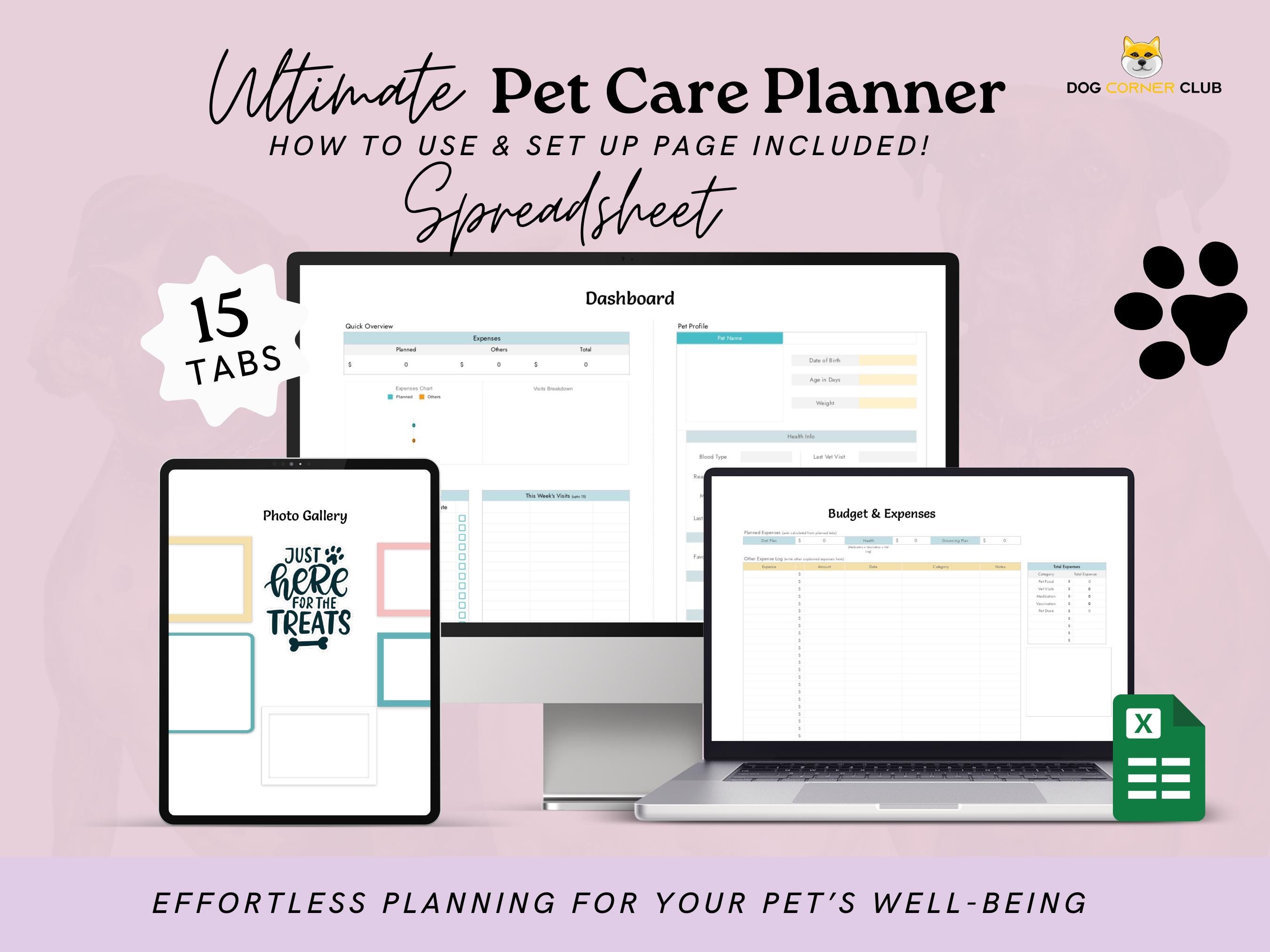 Dog Corner Pet Planner Spreadsheet | Editable Dog Care Tracker ...