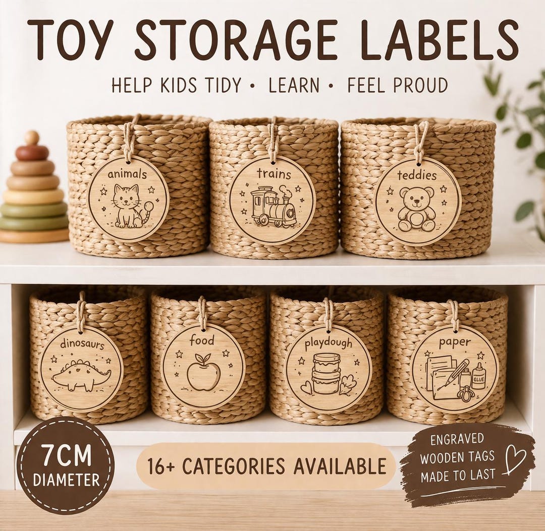 Montessori Wooden Toy Storage Labels | Engraved Nursery Organisation ...