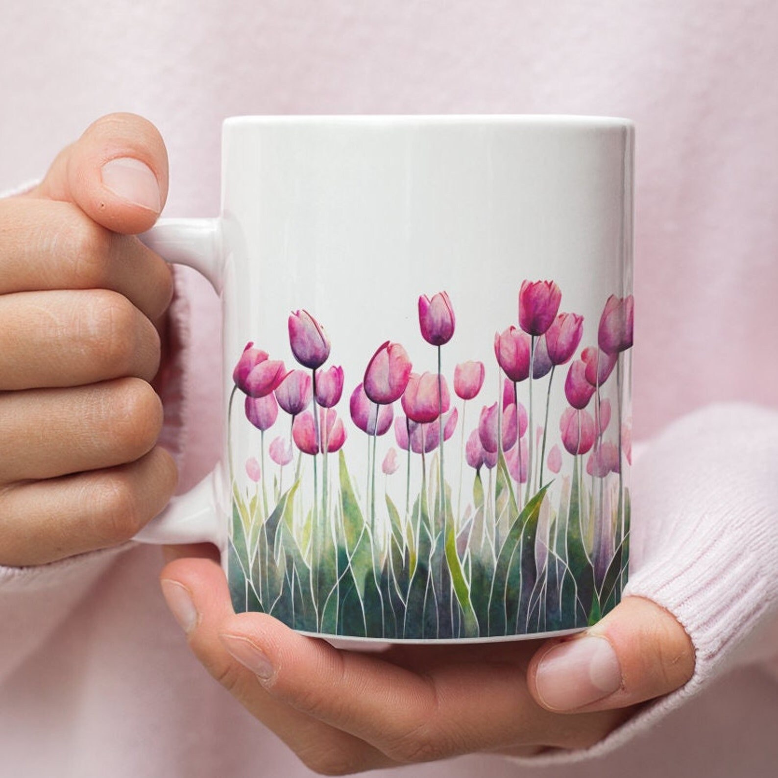 Tulip Mug, Painted Flowers, Pink Painted Tulips, Spring Mug, Tulip ...