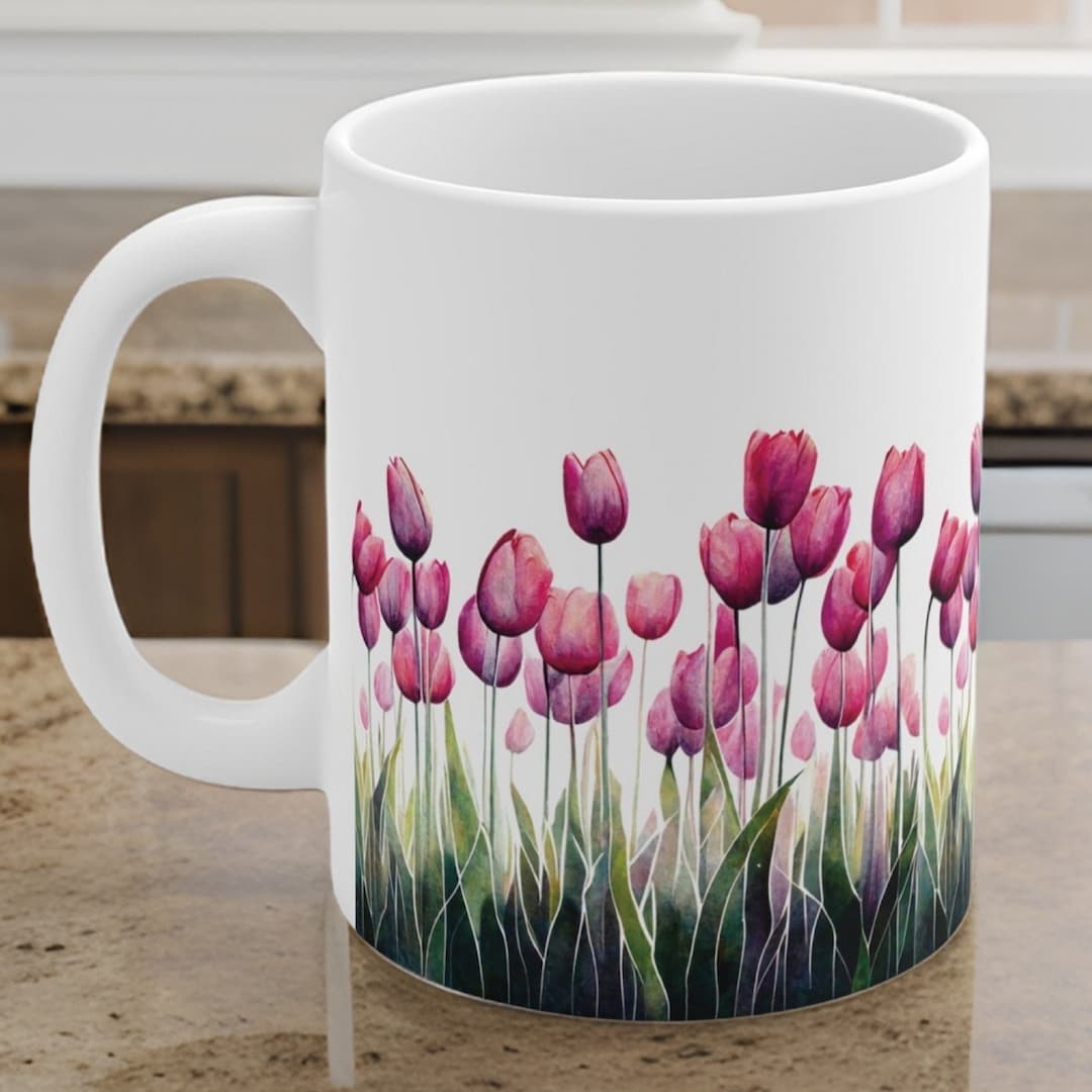 Tulip Mug, Painted Flowers, Pink Painted Tulips, Spring Mug, Tulip ...