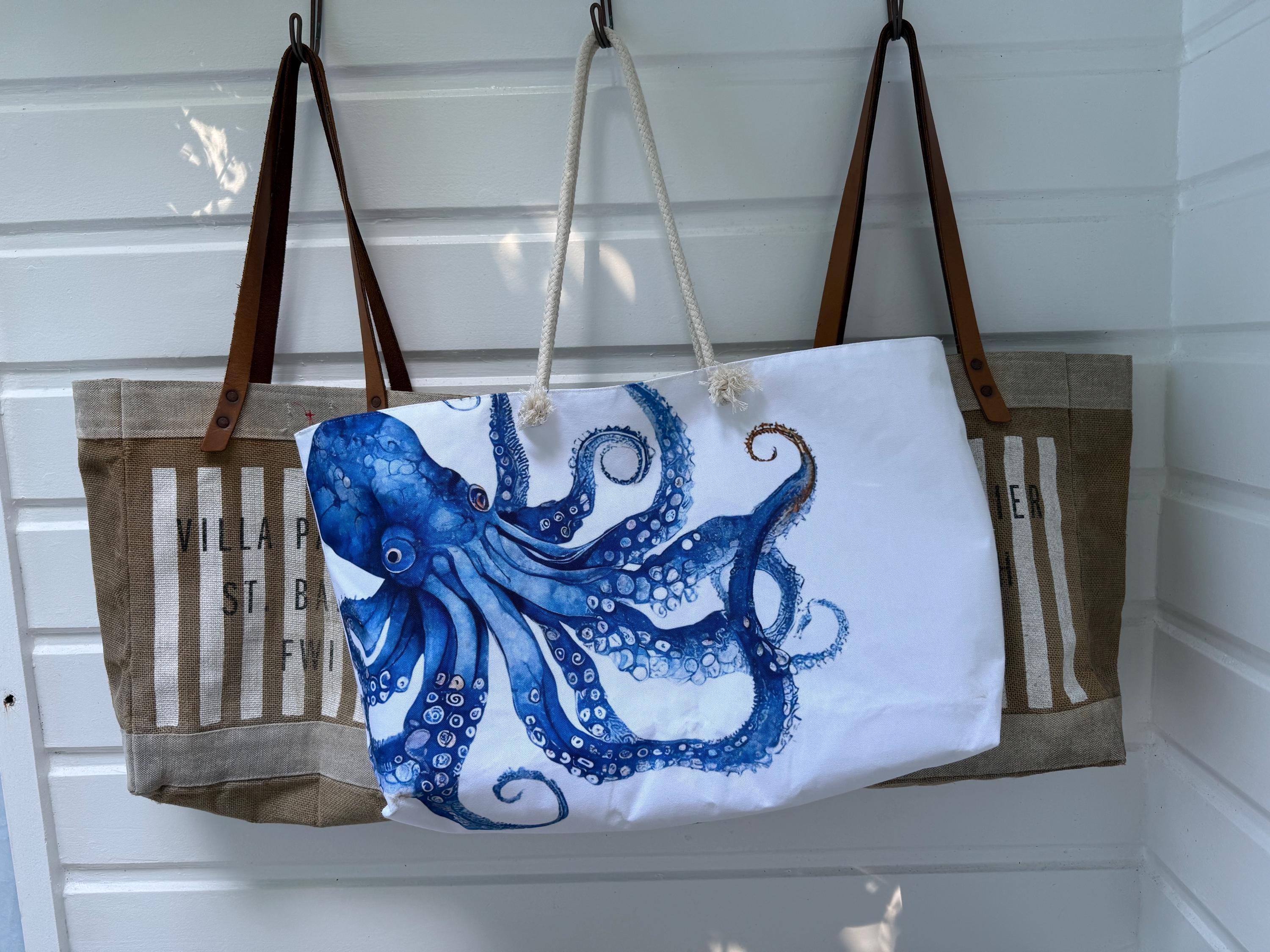 Blue Octopus Bag, Octopus Bag, Coastal Beach Bag, Beach Cottage Tote ...
