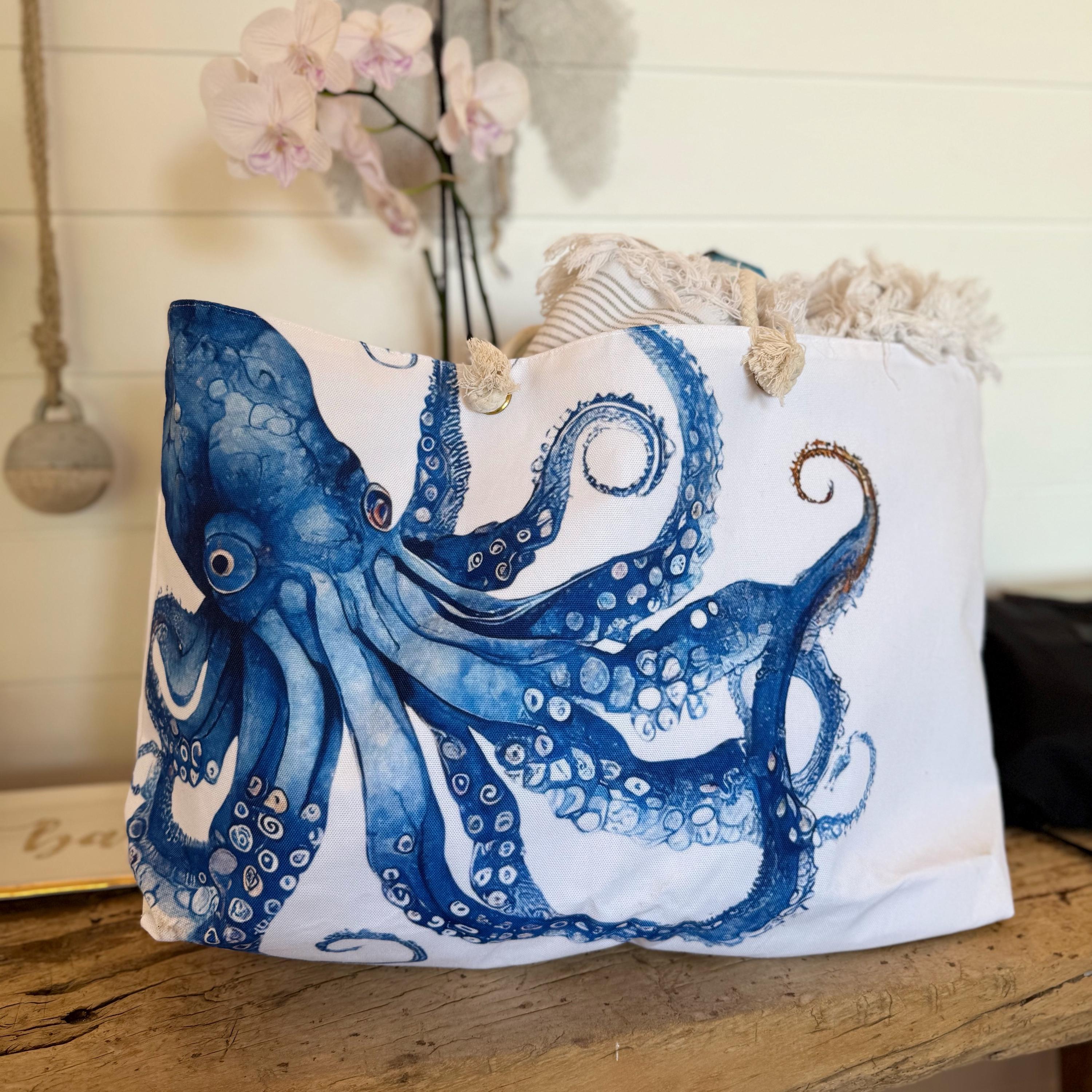Blue Octopus Bag, Octopus Bag, Coastal Beach Bag, Beach Cottage Tote ...