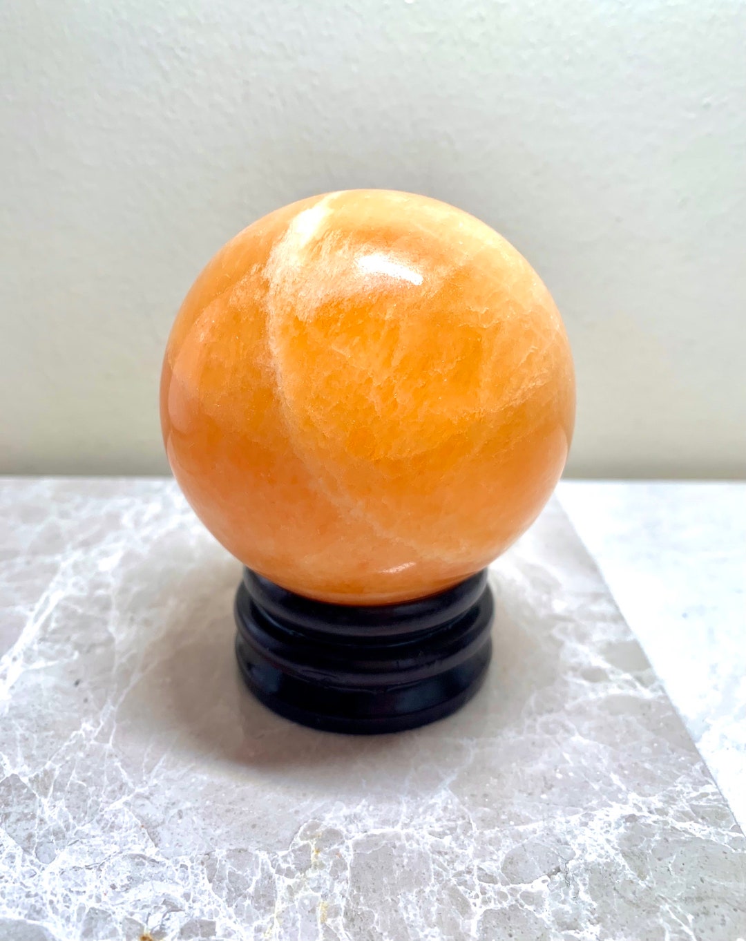 Natural Orange Calcite Crystal Ball + Wooden Stand, 90 Mm Sphere, Geode ...
