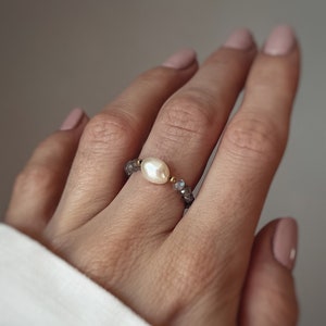 Elastic Stretch Stacking Ring | Labradorite, Natural Pearl, Sterling ...