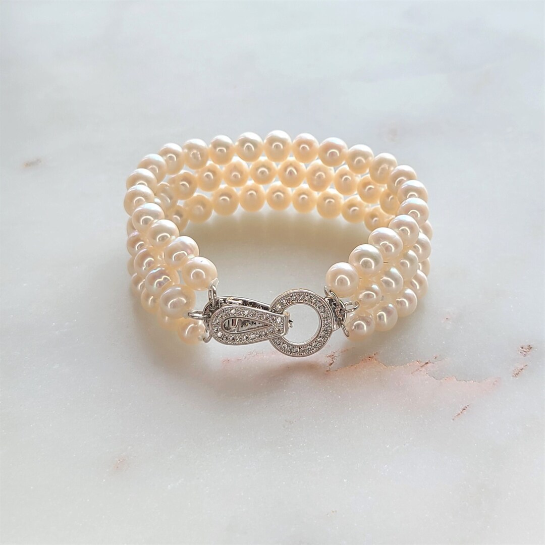 Natural Pearl Bracelet, Three Stand Pearl Bracelet, Wedding, Victorian ...