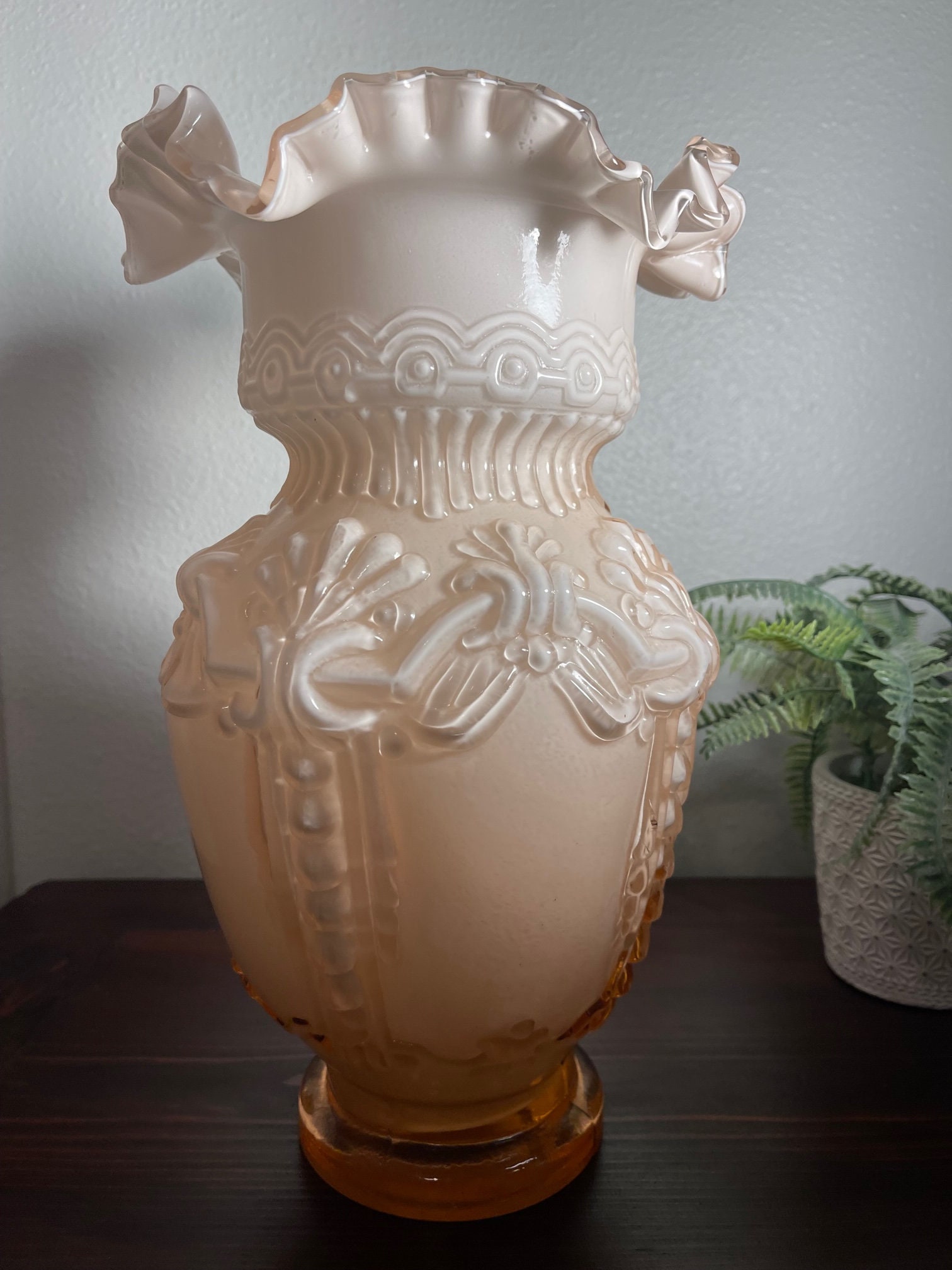 Pink Cased Glass Flower Vase Ornate Ruffle Crimp Top Vintage - Etsy