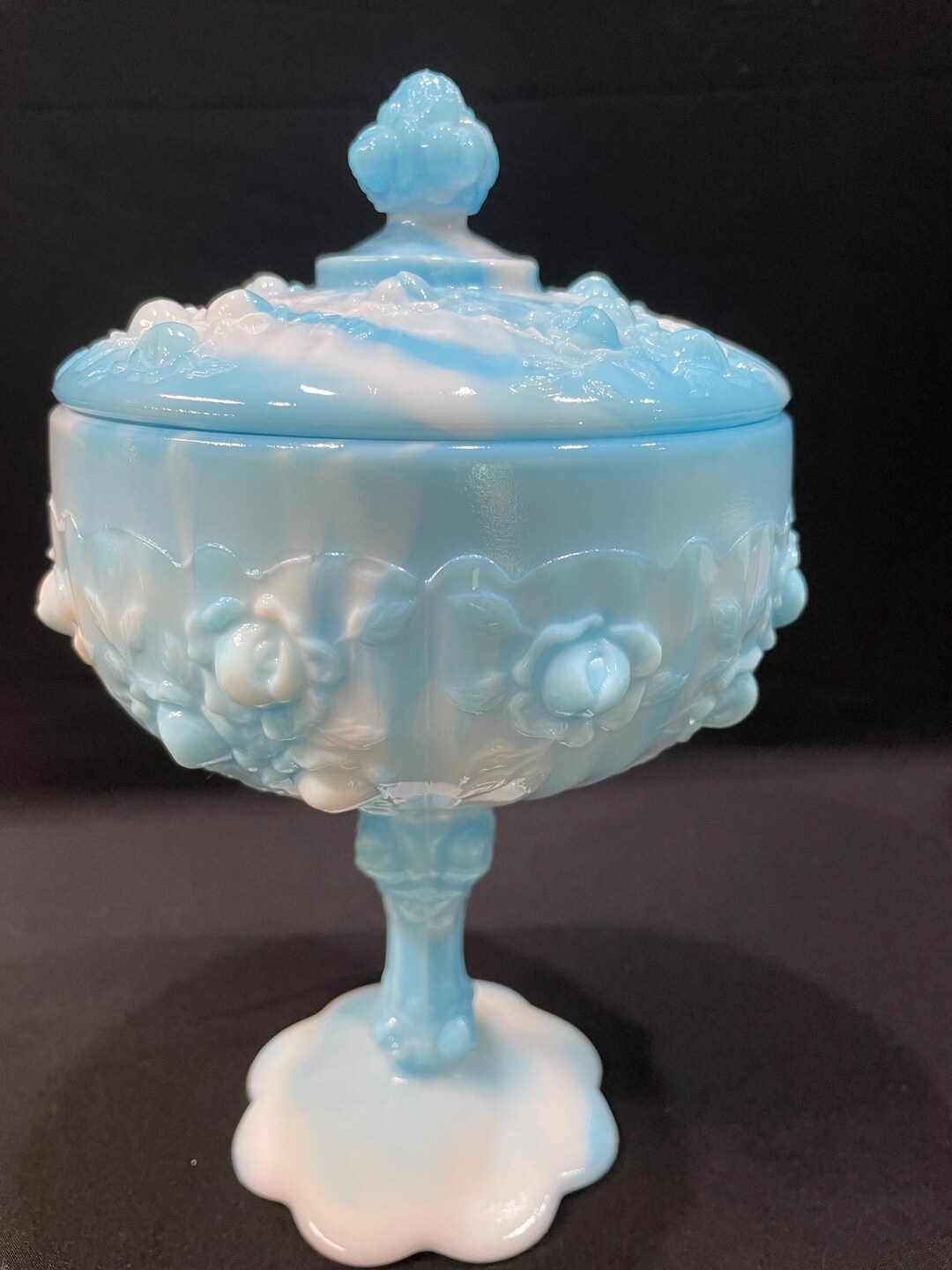 Vintage Fenton Blue Slag Glass Cabbage Rose Covered Compote - Etsy