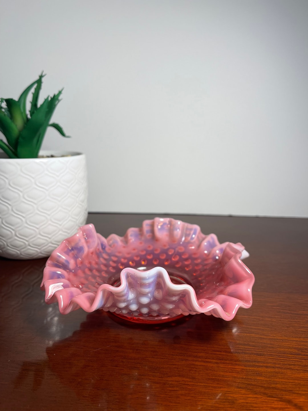 Vintage Fenton Cranberry/pink Hobnail Opalescent Ruffled Bonbon Dish ...