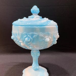 Vintage Fenton Blue Slag Glass Cabbage Rose Covered Compote - Etsy