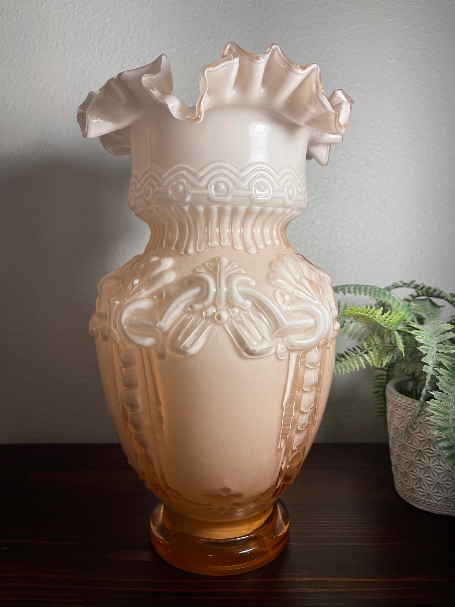 Pink Cased Glass Flower Vase Ornate Ruffle Crimp Top Vintage - Etsy