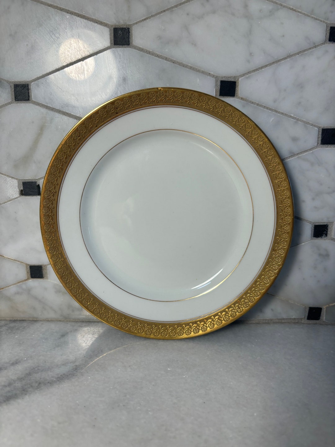 Antique GOA Limoges Porcelain Dinner Plate, White & Gold Trim Finest ...