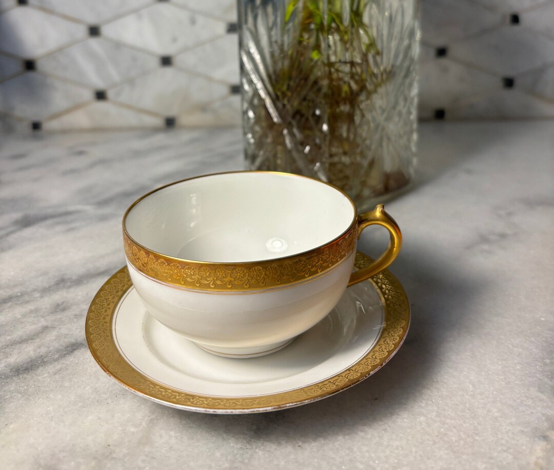 Antique GOA Limoges Porcelain Cup With Saucer Plate, White & Gold Trim ...