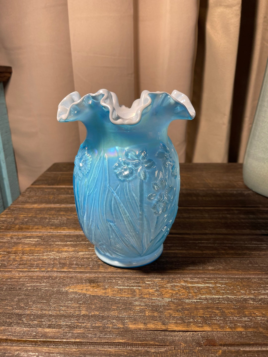 Vintage Fenton Baby Blue Glass Vase/iridescent /overlay /ruffled ...