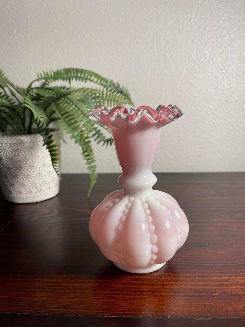 Vintage Pink Fenton Glass Encased in Milk Glass/ Melon Vase/ - Etsy