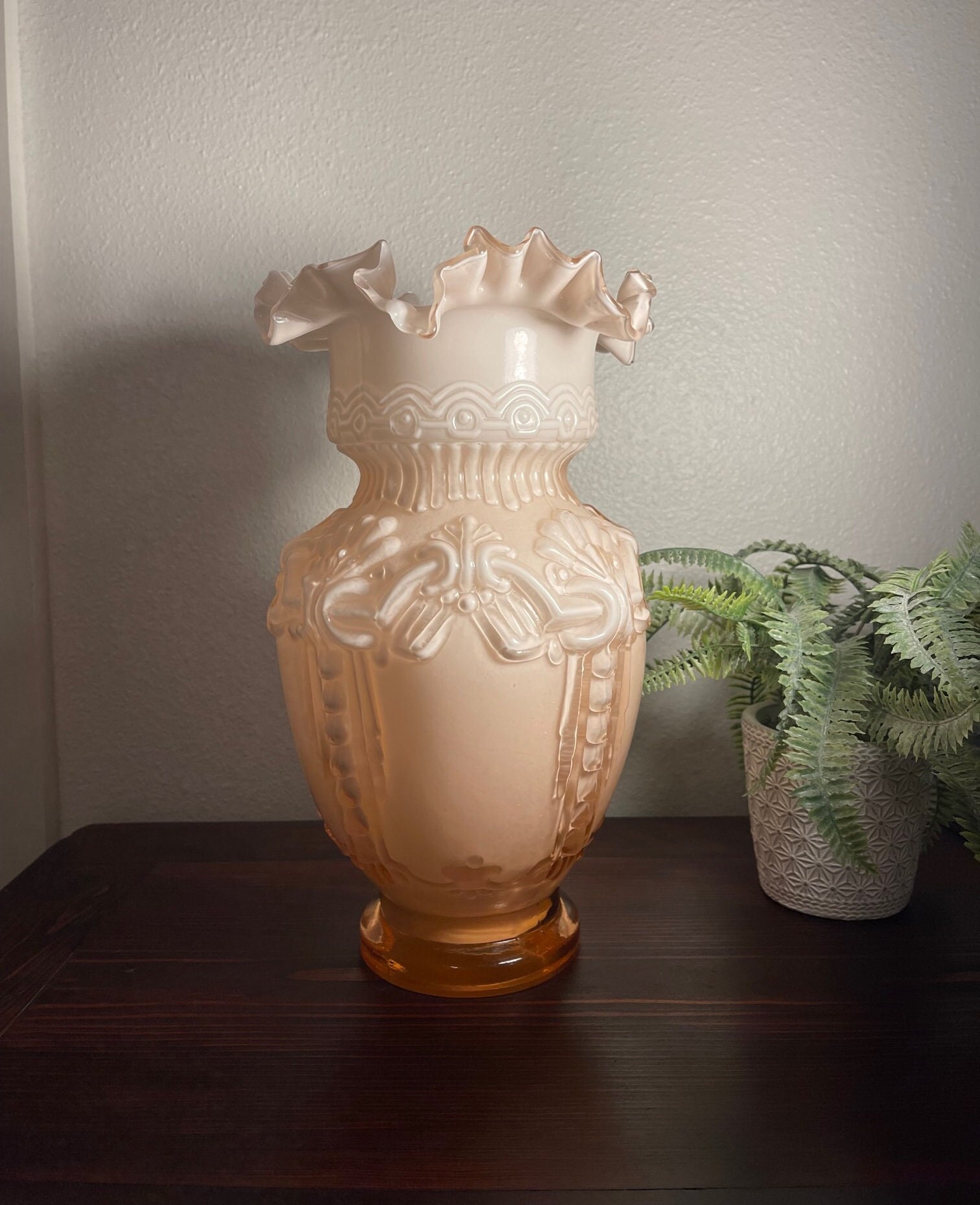 Pink Cased Glass Flower Vase Ornate Ruffle Crimp Top Vintage - Etsy