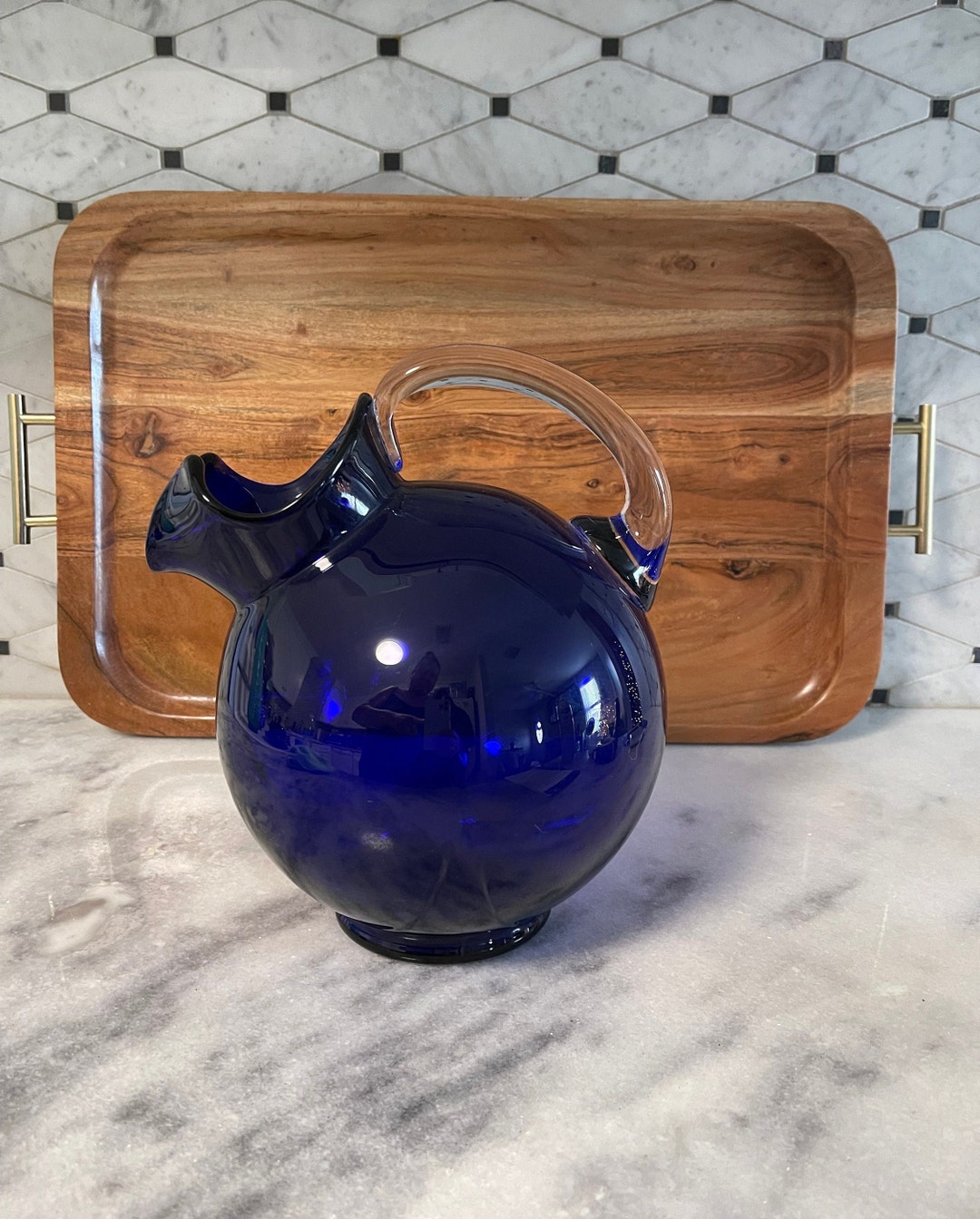 Vintage Cambridge Cobalt Blue Hand-blown Glass Tilt Ball Pitcher With ...