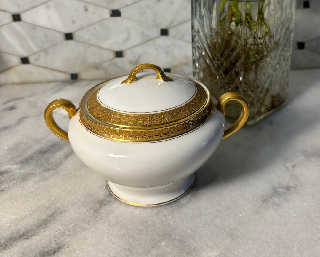 Antique GOA Limoges Porcelain Sugar Bowl With Lid, White & Gold Trim ...