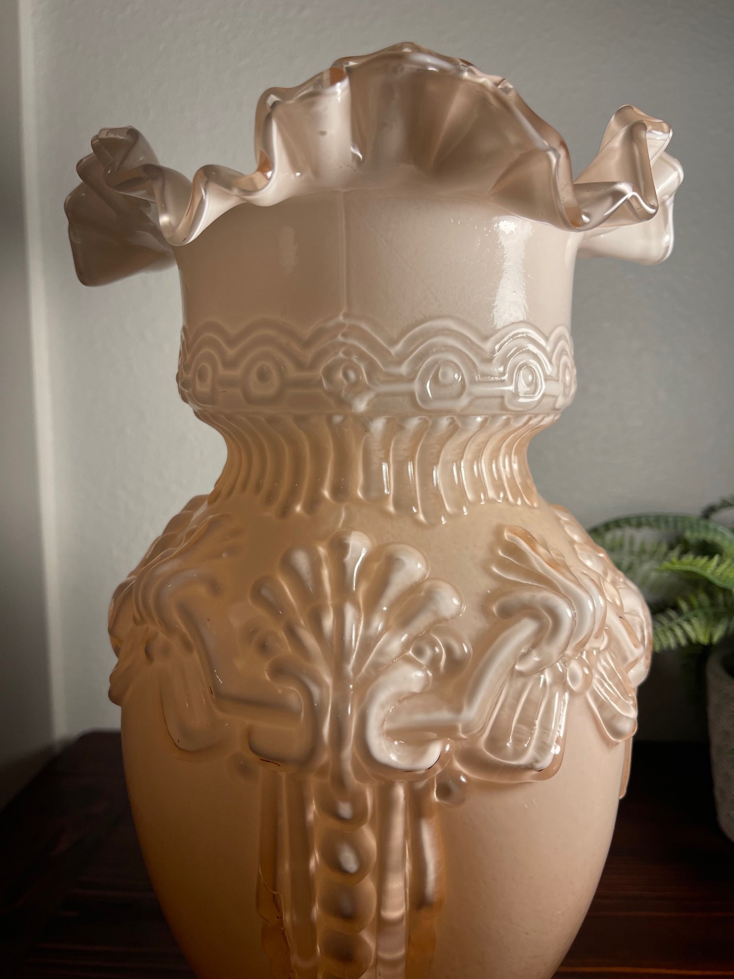 Pink Cased Glass Flower Vase Ornate Ruffle Crimp Top Vintage - Etsy