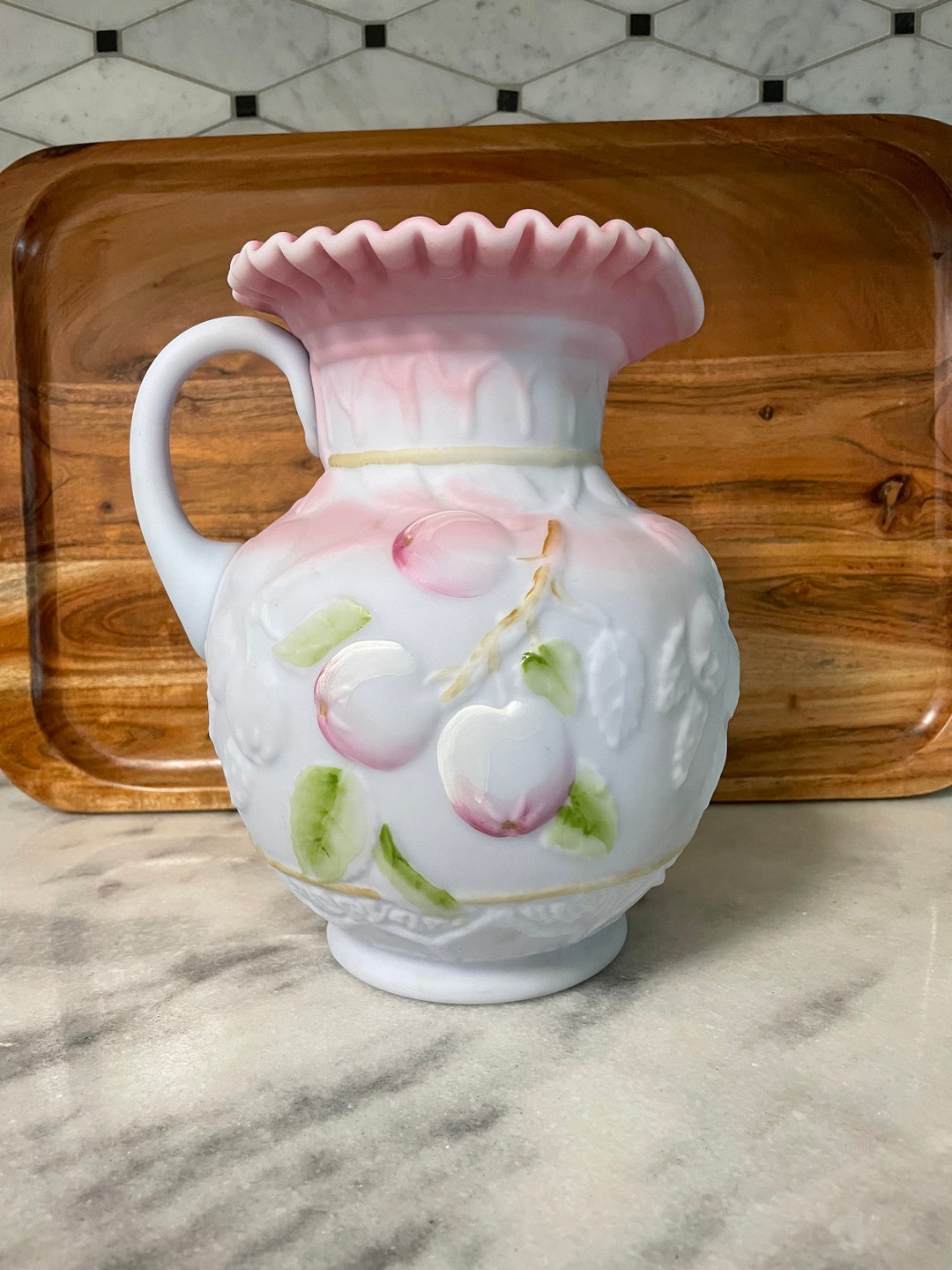 Vintage Fenton Art Glass Burmese Lotus Mist Apple Tree Pitcher #8 Out ...