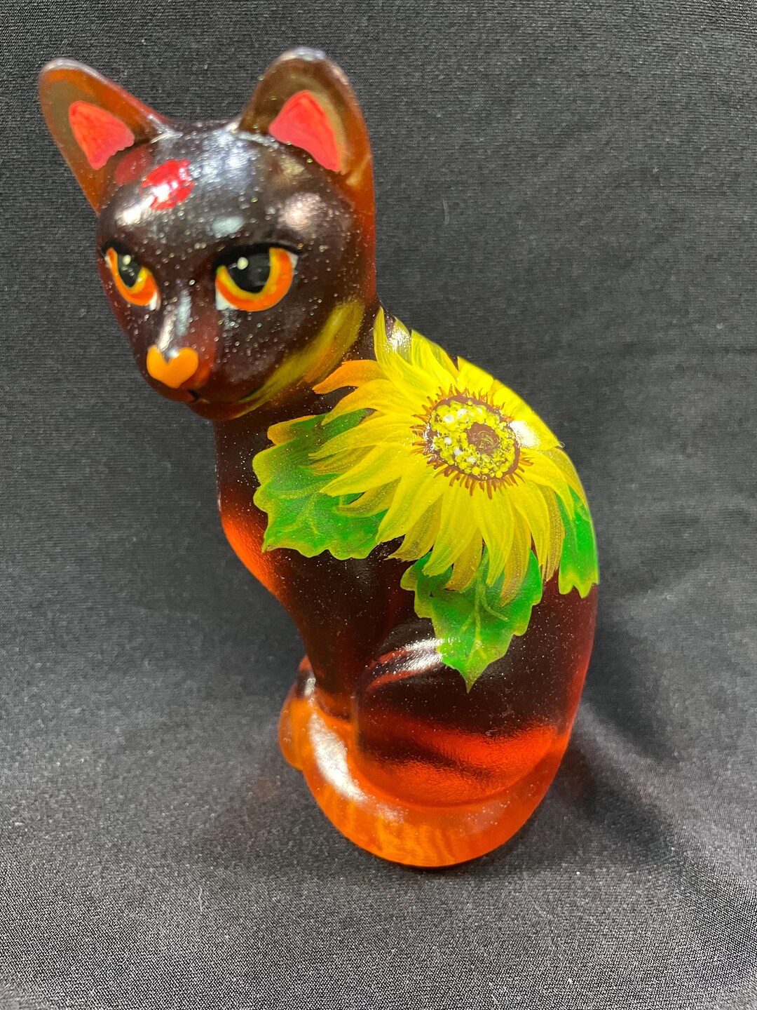 Fenton Hand Painted Cat With Sunflowers and Lady Bug - FVT Exclusive 8/ ...