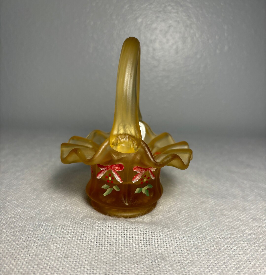Fenton QVC #2776 8A Gold Satin Miniature Basket With Hand Painted Bows ...