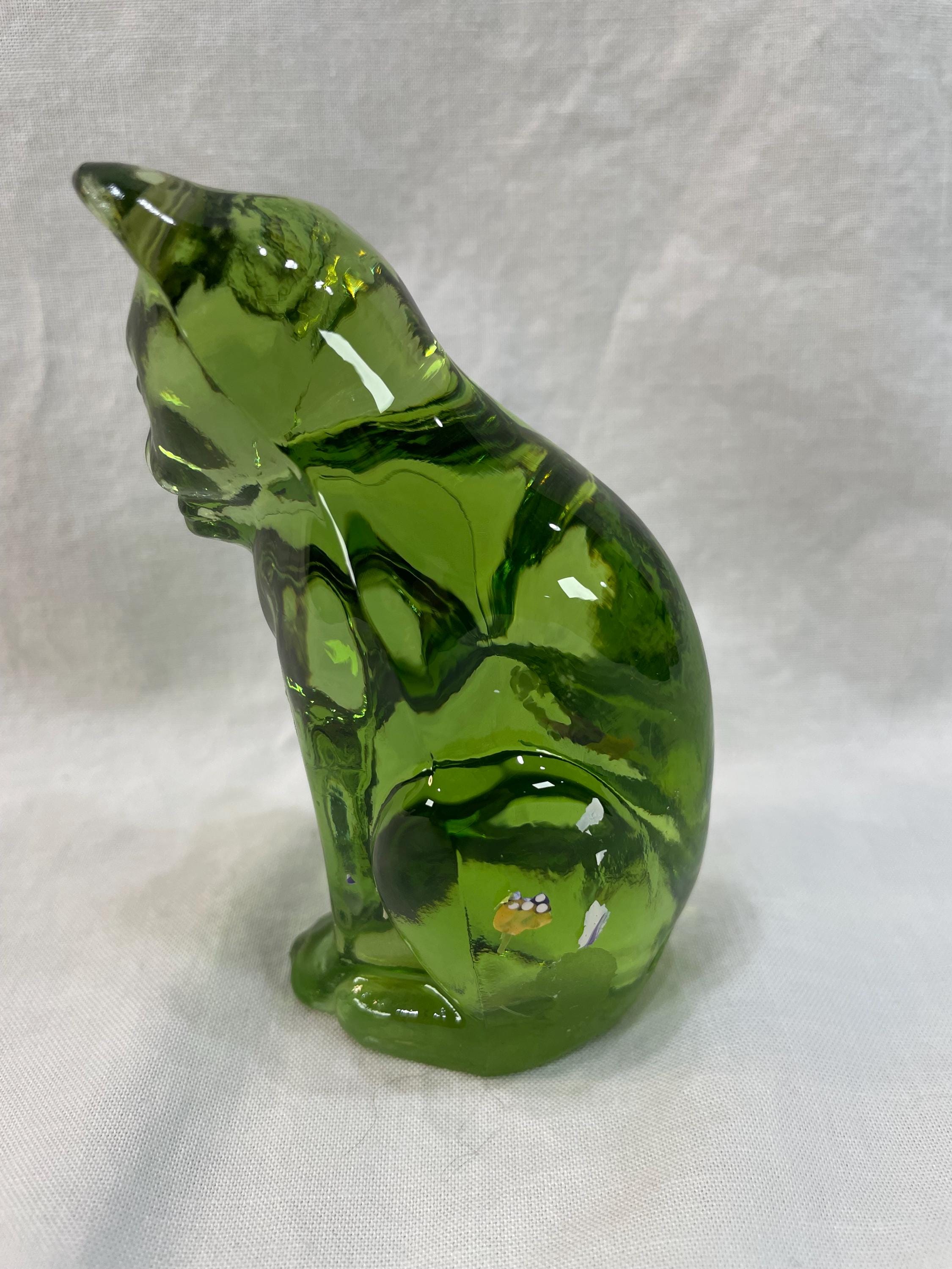 Fenton Green Glass Cat Hand Painted and Signed by the Artist - 3 3/4 ...