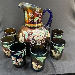 Fenton Cobalt Blue Hand Painted Carnival Glass Water Pitcher Set - Etsy