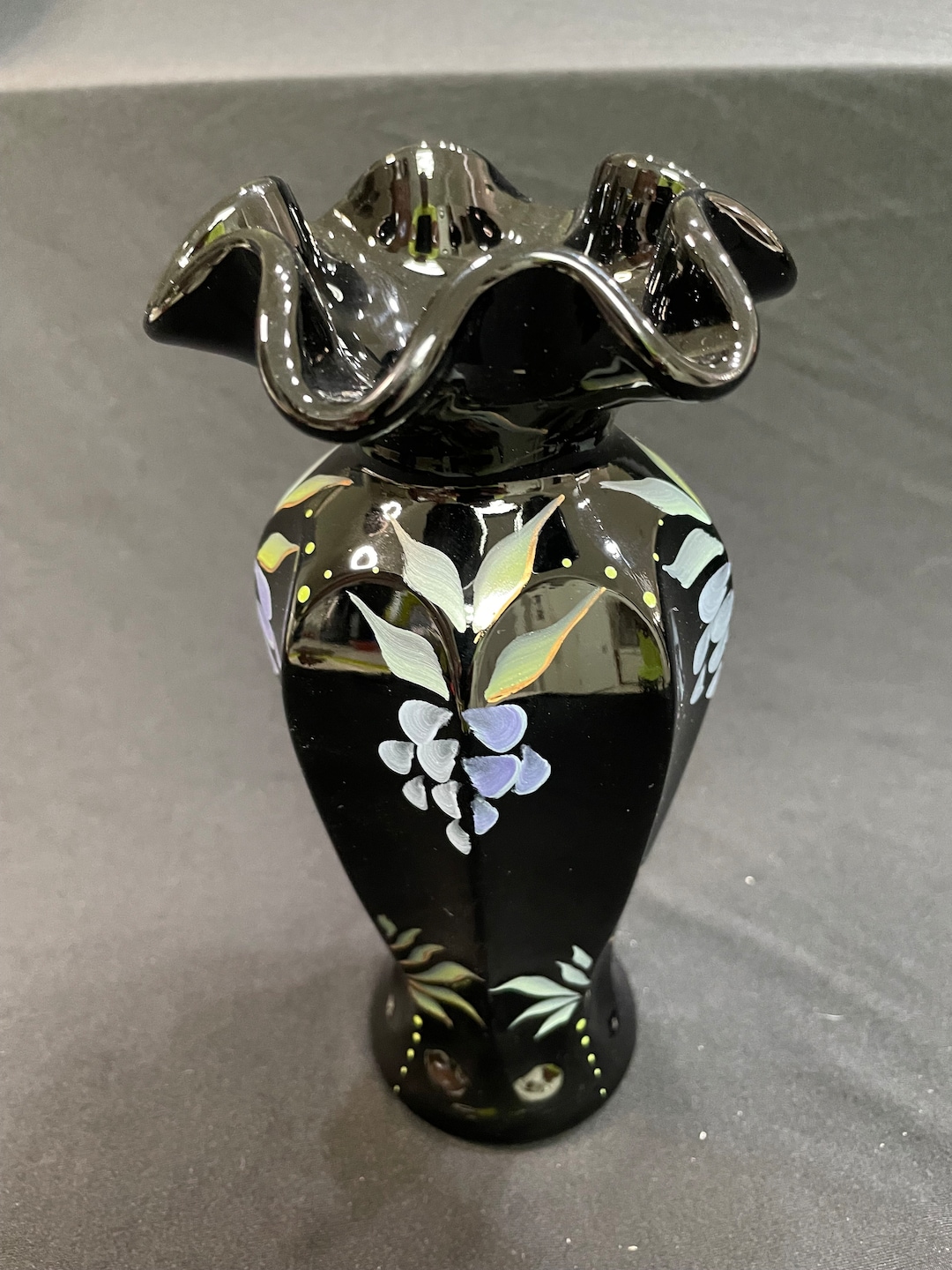 1997 Limited Edition Fenton Family Signature Series Black Floral Vase ...