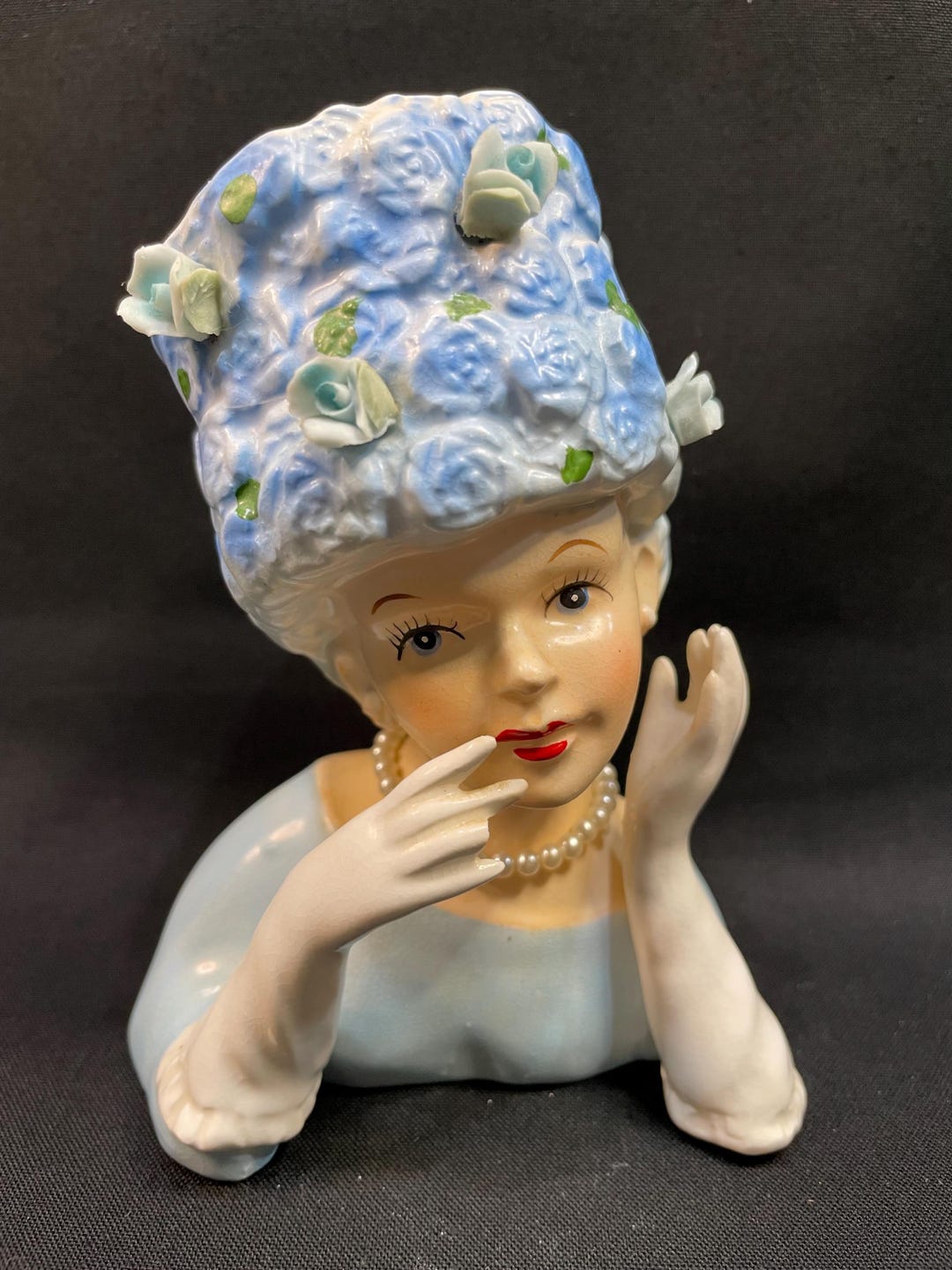Vintage Relpo Lady Head Vase With Blue Roses - 5" - Etsy