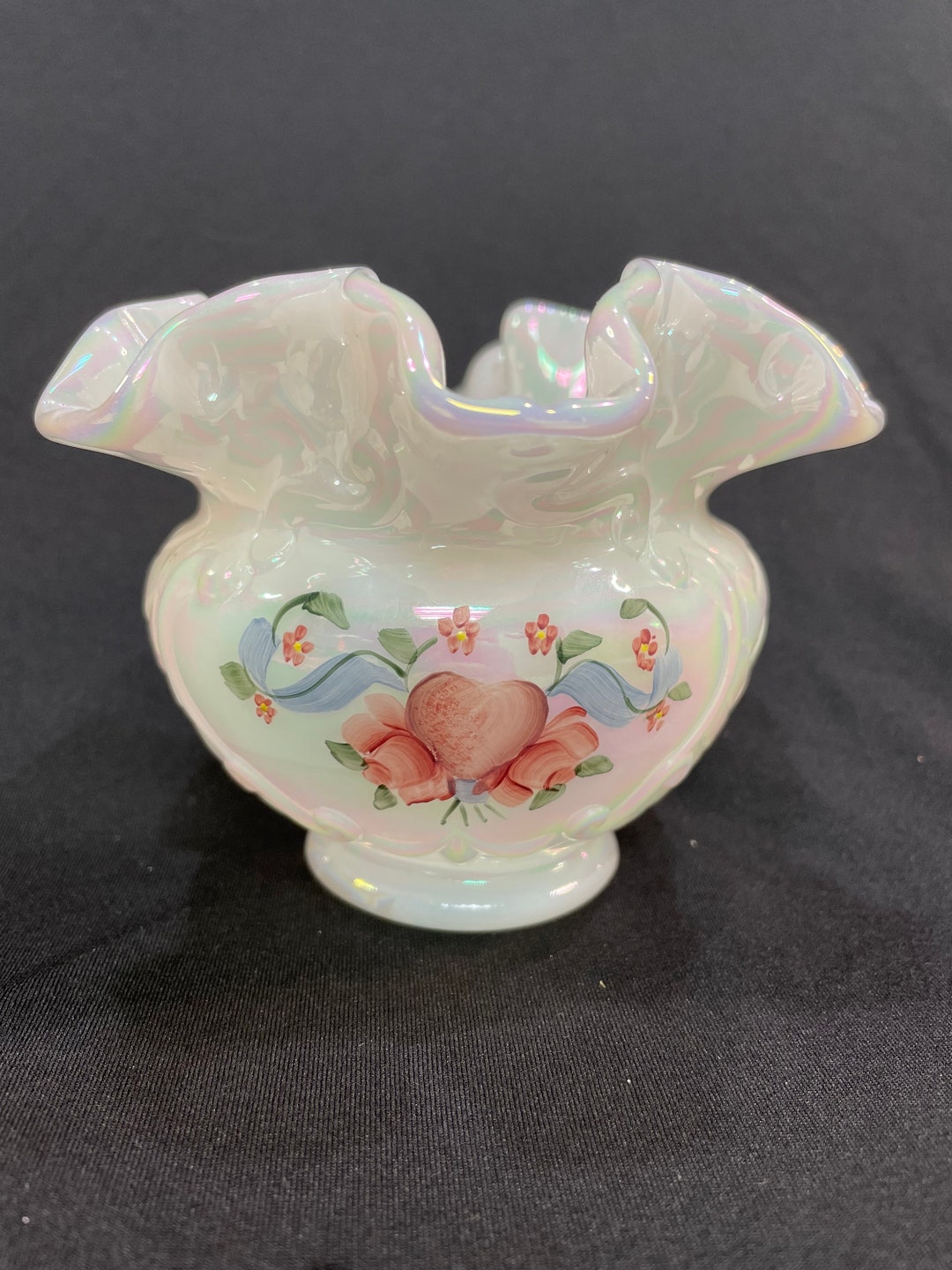 Vintage Fenton White Opalescent Vase With Hand Painted Hearts and ...