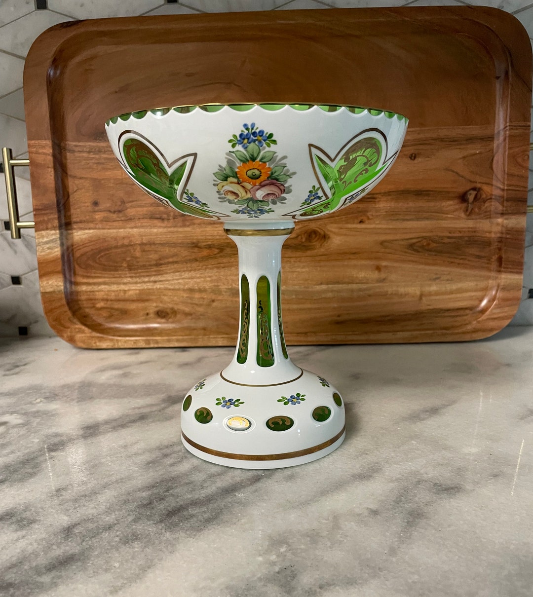 Antique Bohemian Czech Case Glass Green/white and Gold Floral Painted ...