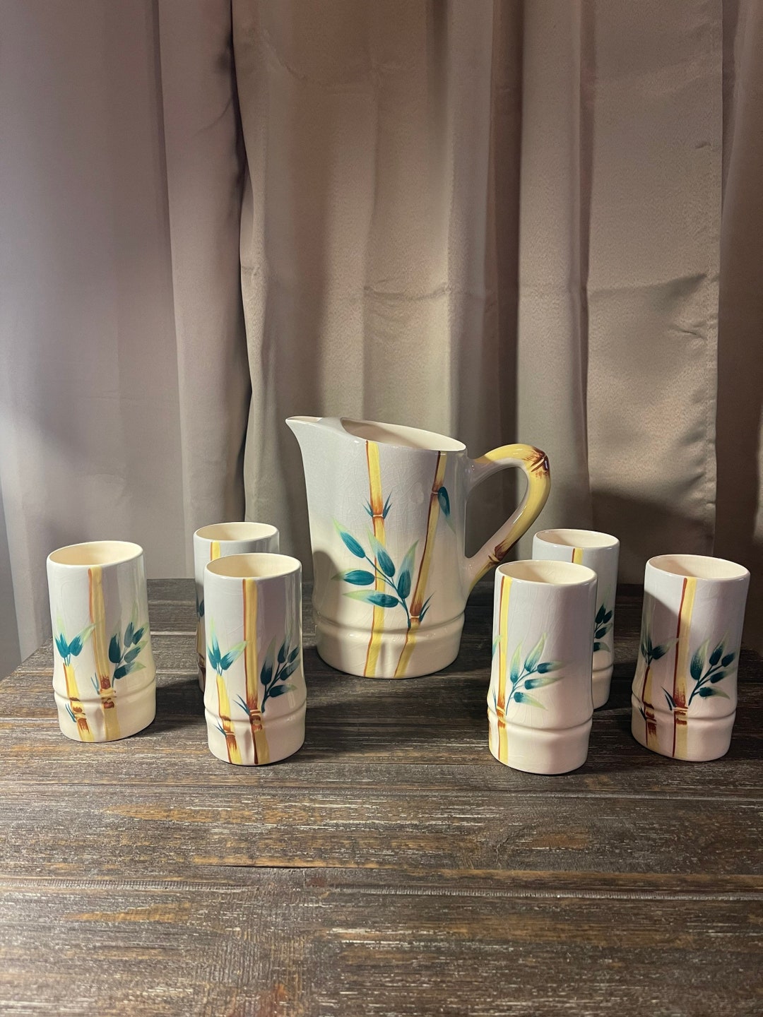 Weil Ware Malay Bambu Gray Pitcher With 6 Large Cups Vintage California ...