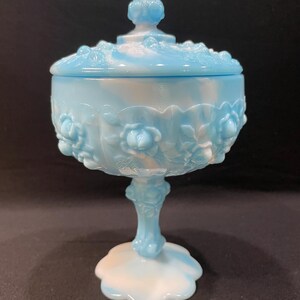 Vintage Fenton Blue Slag Glass Cabbage Rose Covered Compote - Etsy