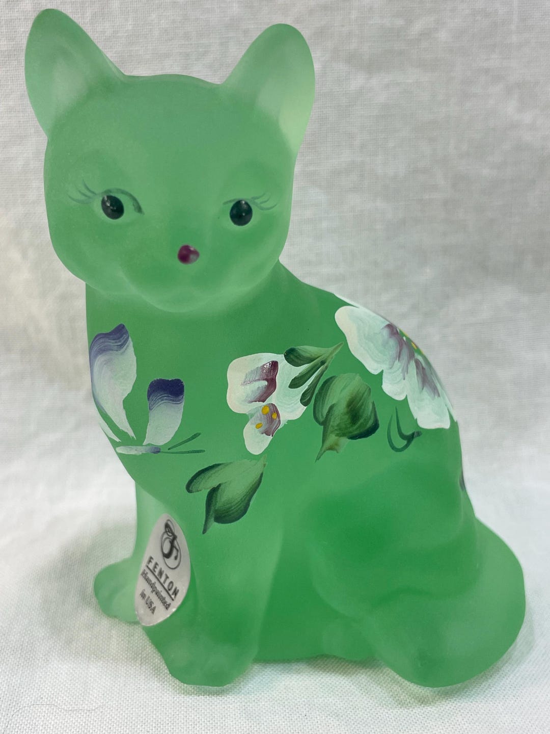 Fenton Light Green Glass Cat Hand Painted and Signed by the Artist - 3 ...