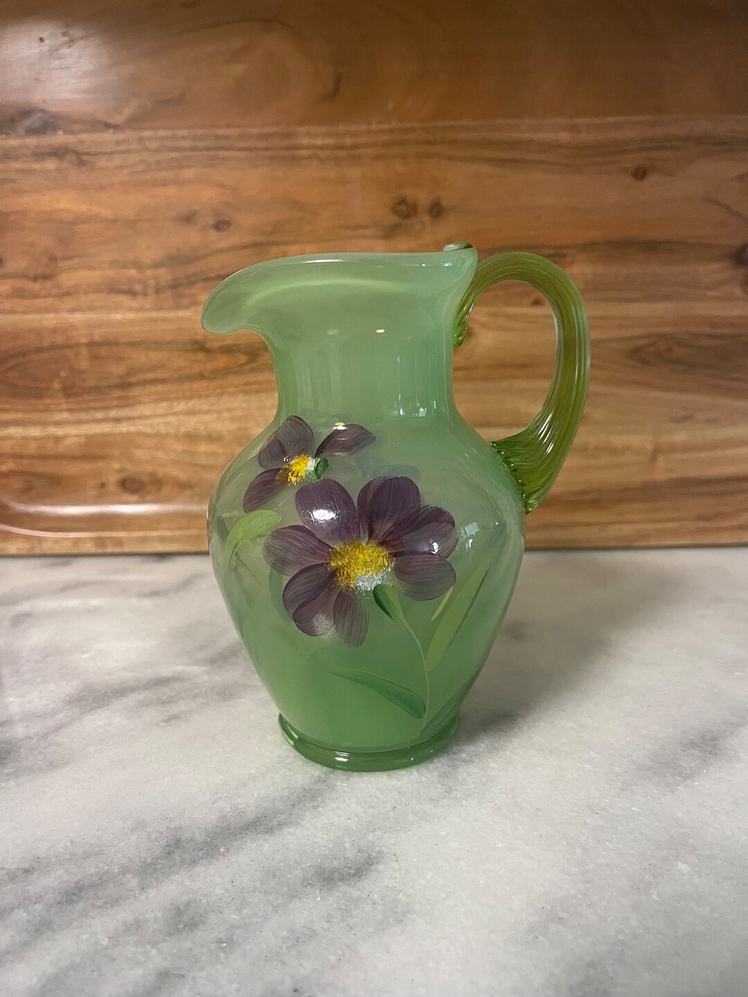 Vintage Fenton Hand Painted and Signed Glass Pitcher/ Handle Hand Blown ...